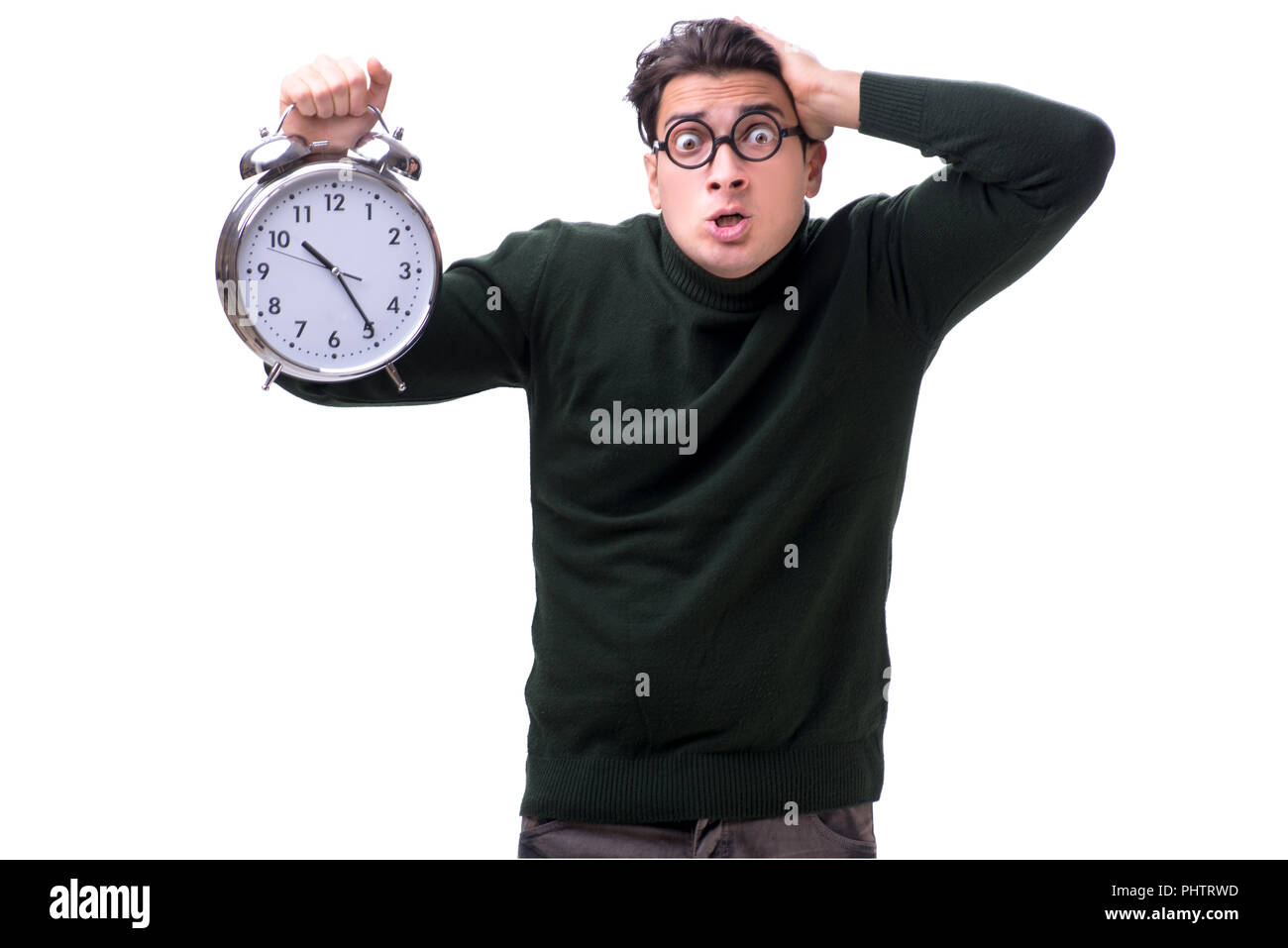 Nerd young money with giant clock isolated on white Stock Photo - Alamy