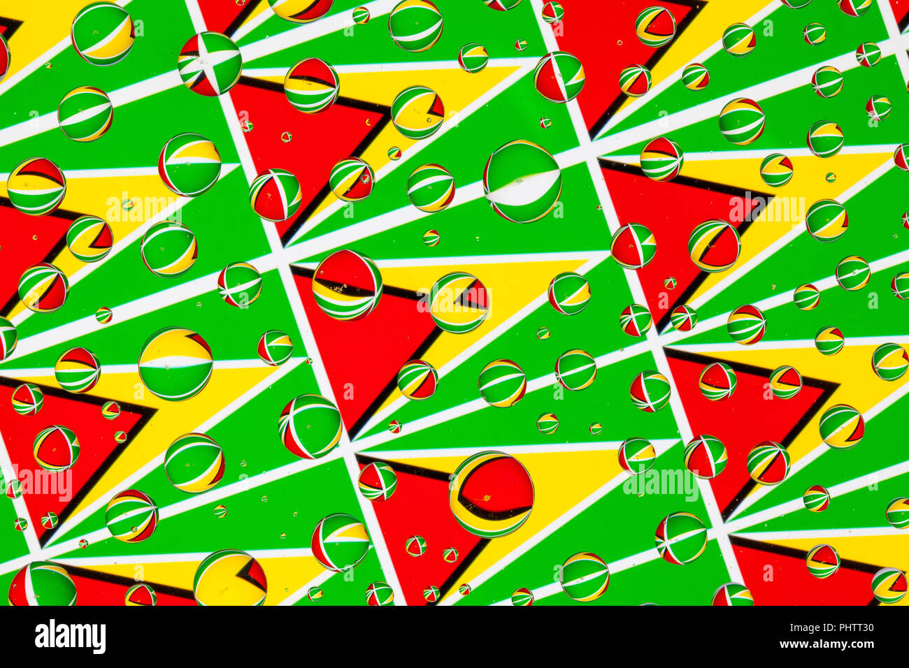 Flags of Guyana, behind a glass covered with rain drops.Pattern from flags of Guyana . 3D ...