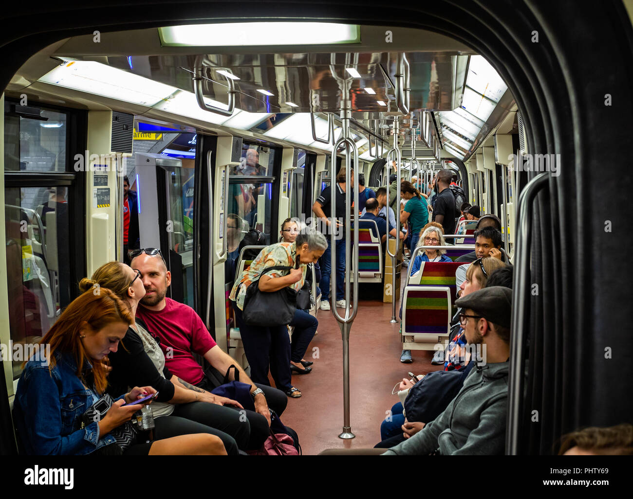Inside a crowded Metro train on the Paris Metro system in France on 26 ...