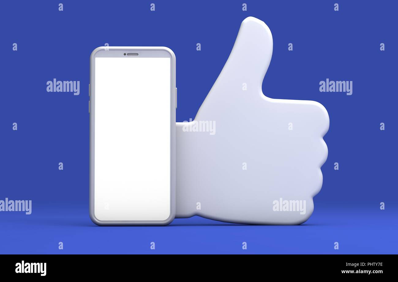 Black smartphone screen with thumbs up symbol. 3D Rendering Stock Photo ...