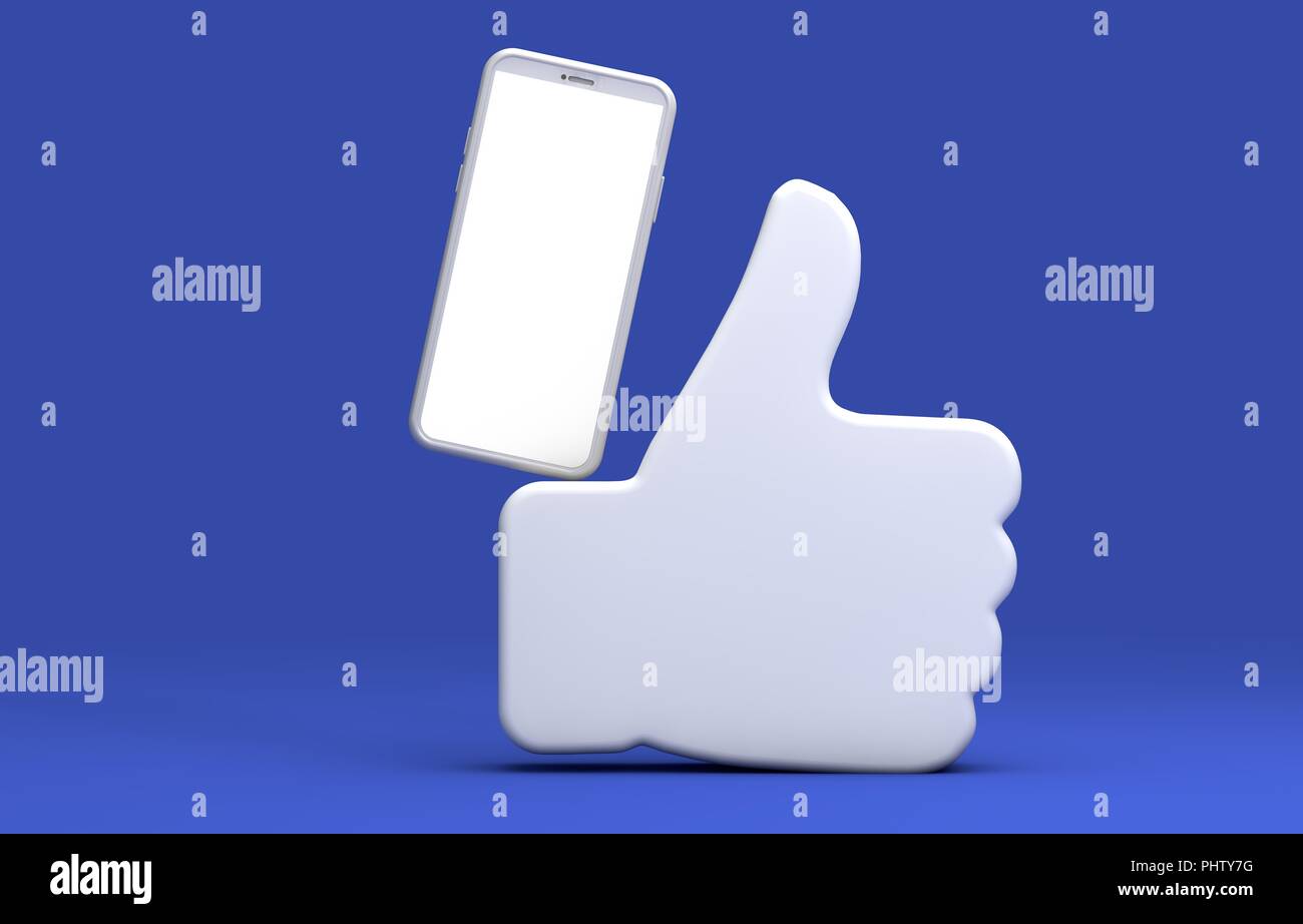 Black smartphone screen with thumbs up symbol. 3D Rendering Stock Photo ...