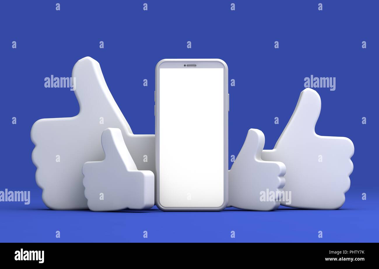 Black smartphone screen with thumbs up symbol. 3D Rendering Stock Photo ...