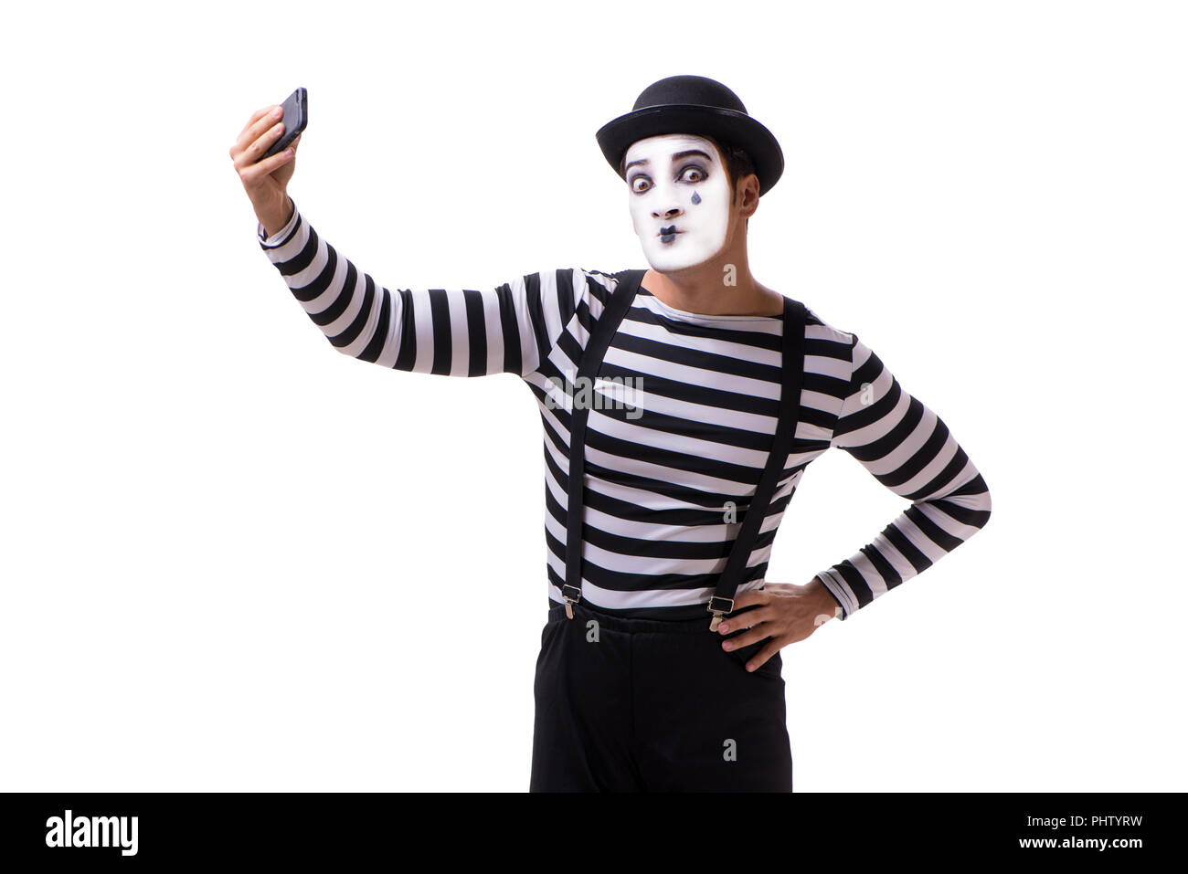 Mime with smartphone isolated on white background Stock Photo - Alamy
