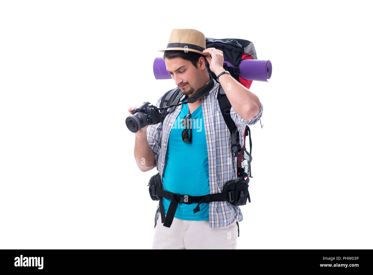 Backpacker with camera isolated on white background Stock Photo - Alamy