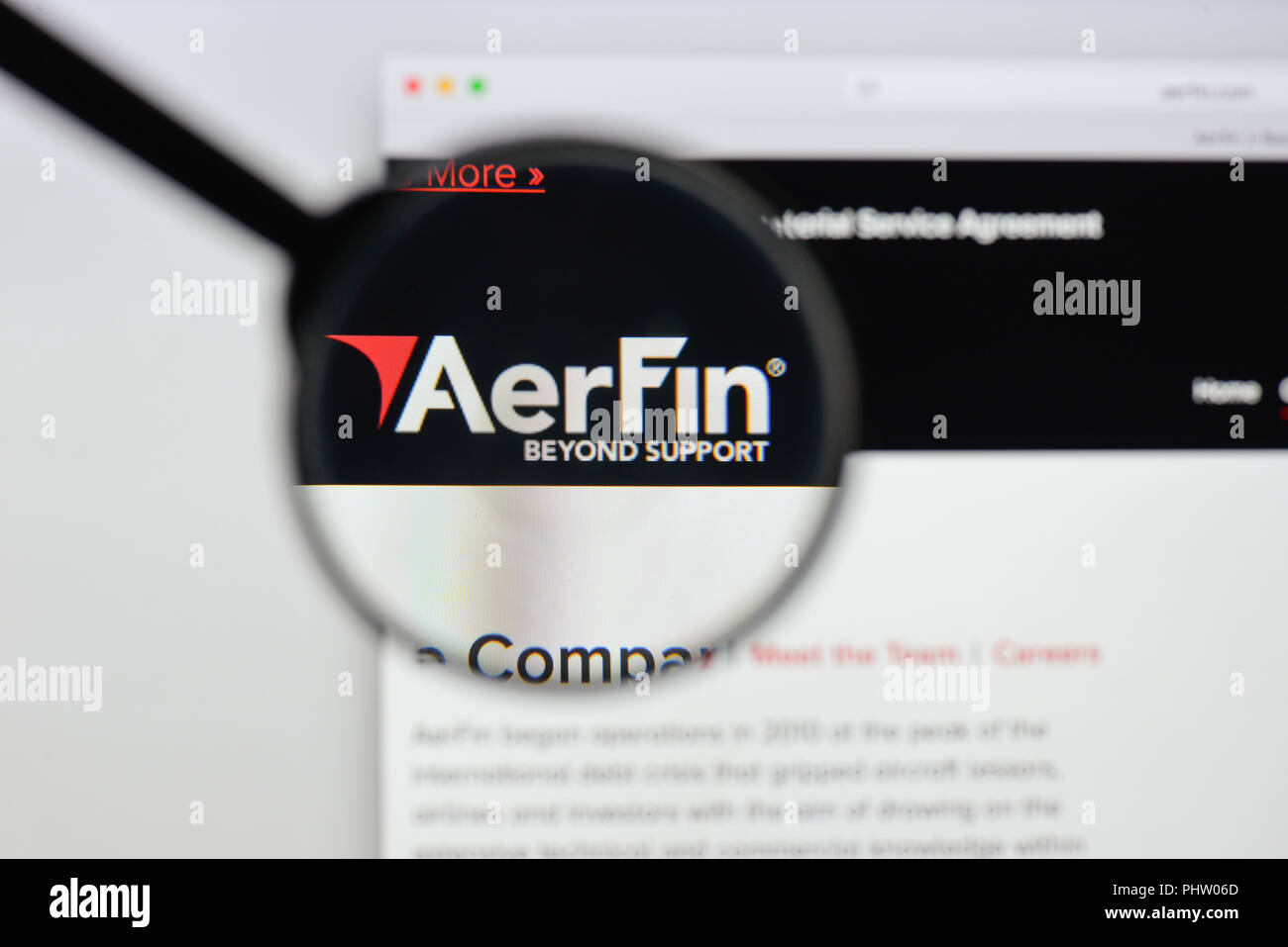 Milan, Italy - August 20, 2018: AerFin website homepage. AerFin logo ...