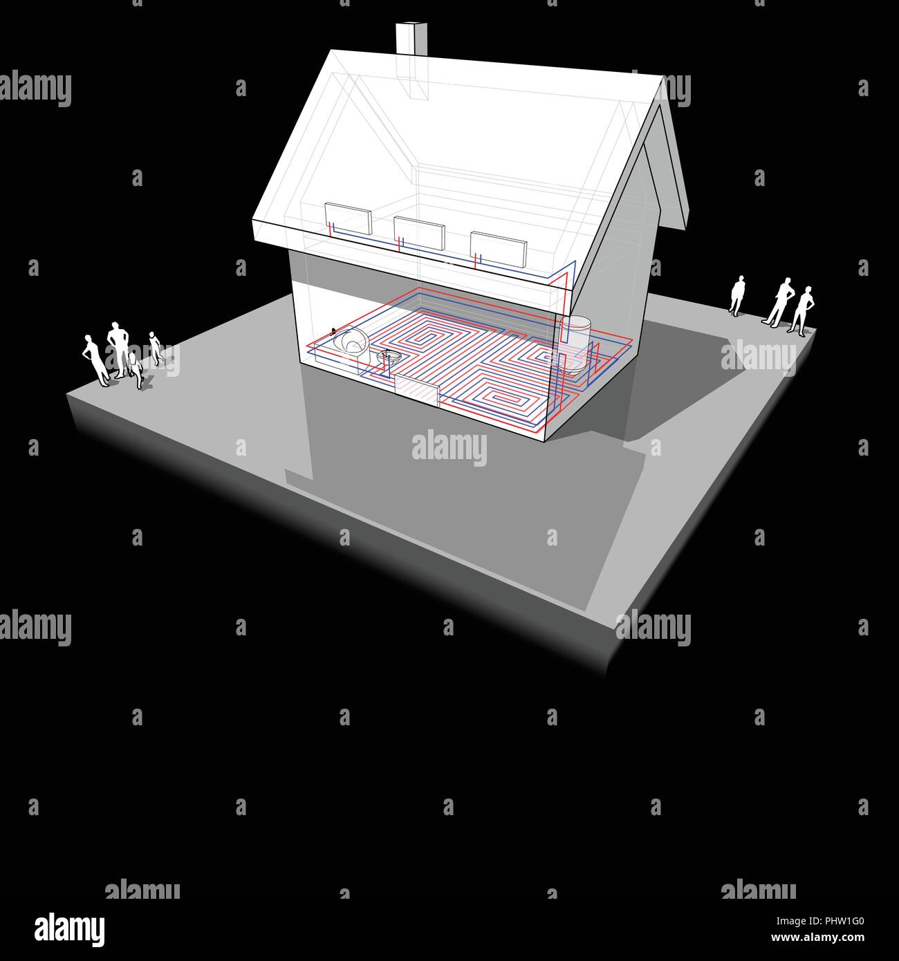 diagram of a detached house with floor heating on the ground floor and ...