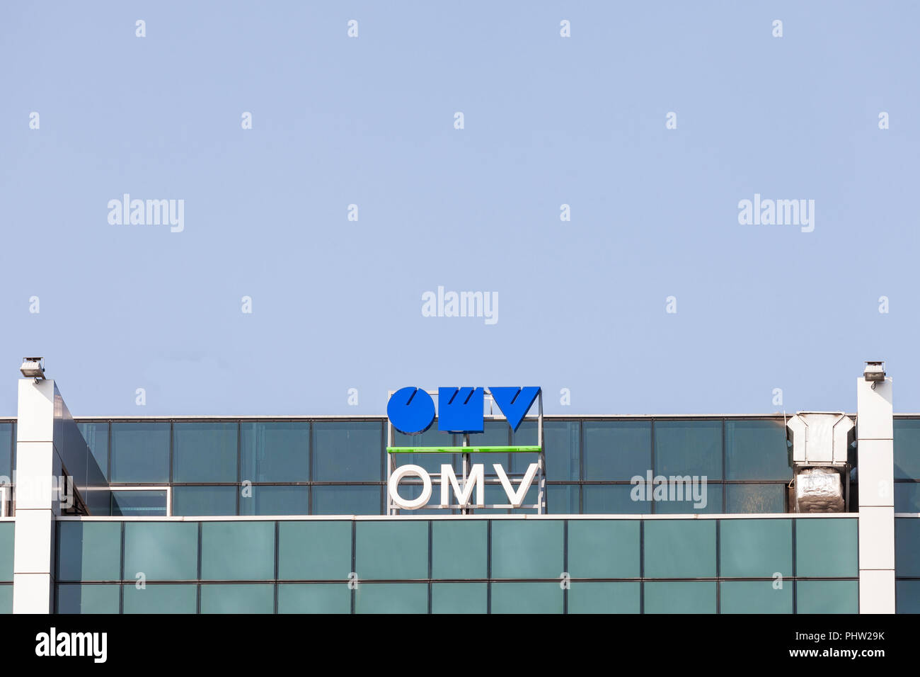 BELGRADE, SERBIA - SEPTEMBER 1, 2018: Logo of OMV on their main offices ...