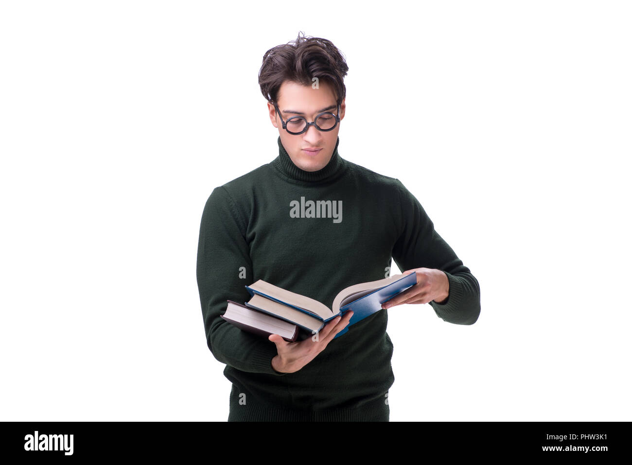Nerd young student with books isolated on white Stock Photo - Alamy