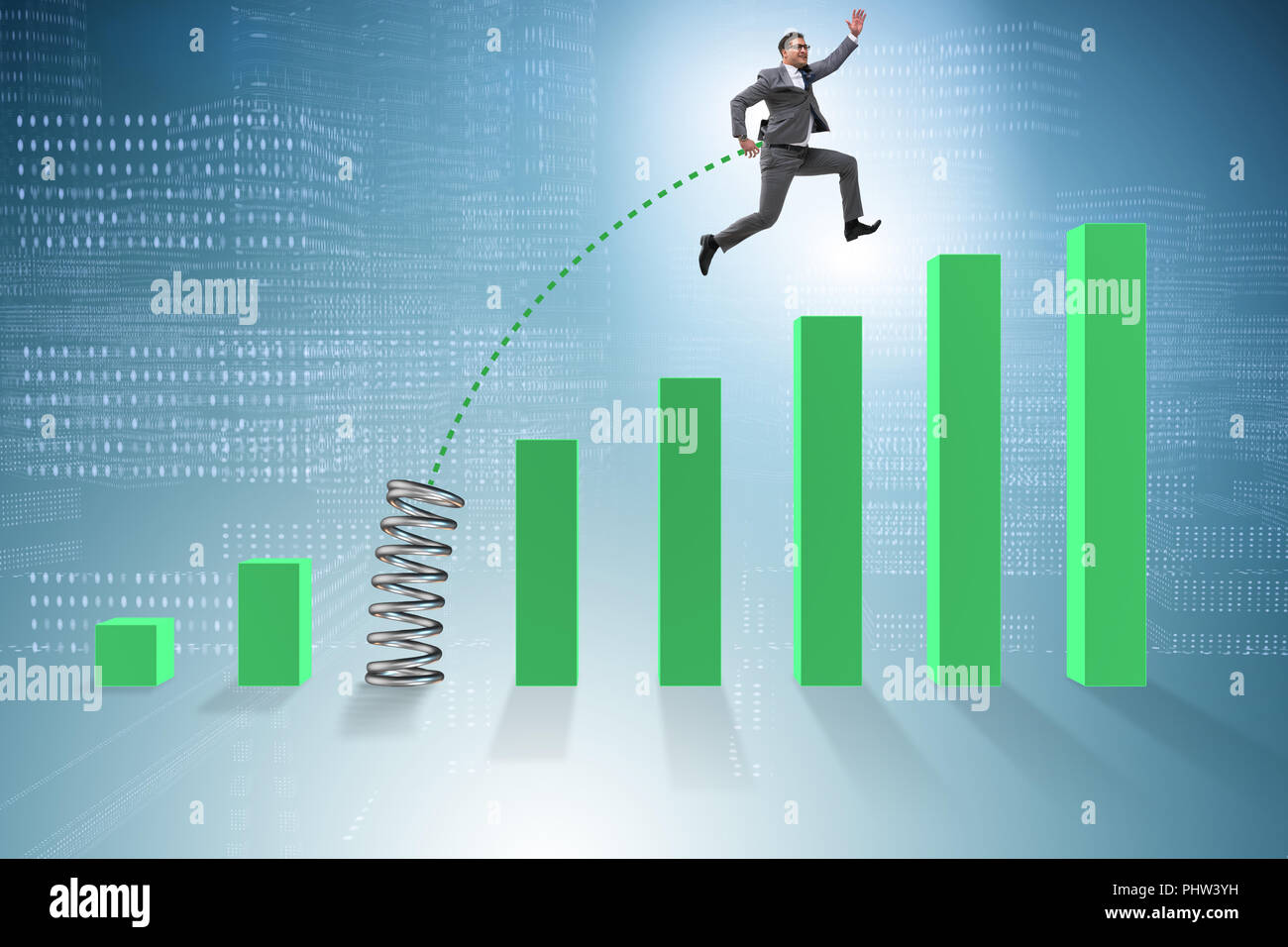 Business people jumping over bar charts Stock Photo - Alamy
