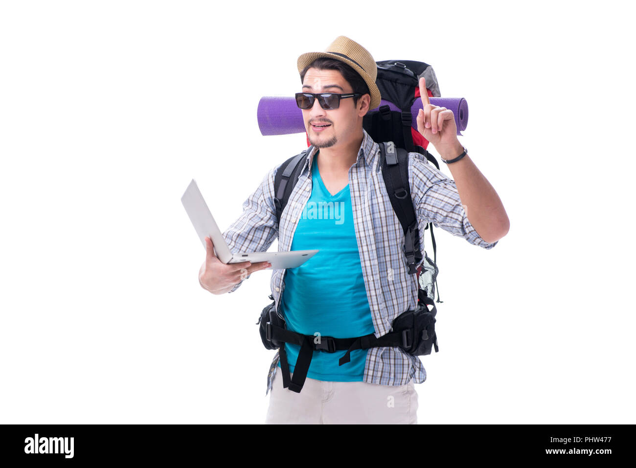 Tourist trying to find direction with laptop Stock Photo - Alamy