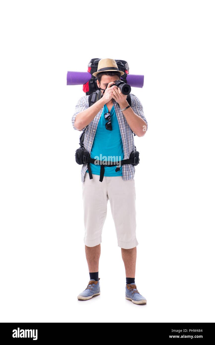 Backpacker with camera isolated on white background Stock Photo - Alamy