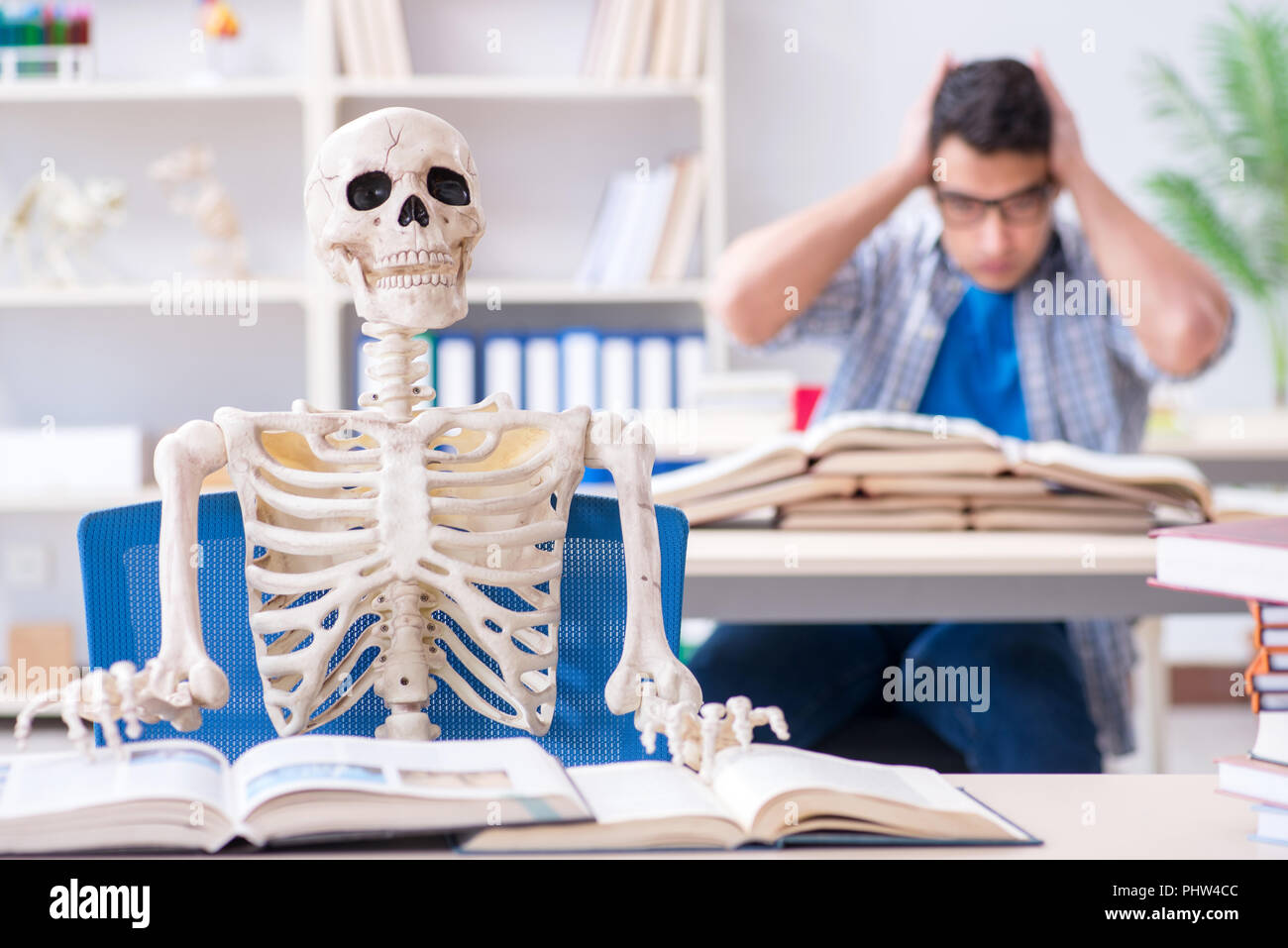 Student skeleton listening to lecture in classroom Stock Photo - Alamy