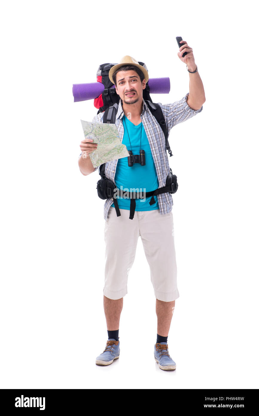 Man lost and looking for direction with map on white Stock Photo - Alamy