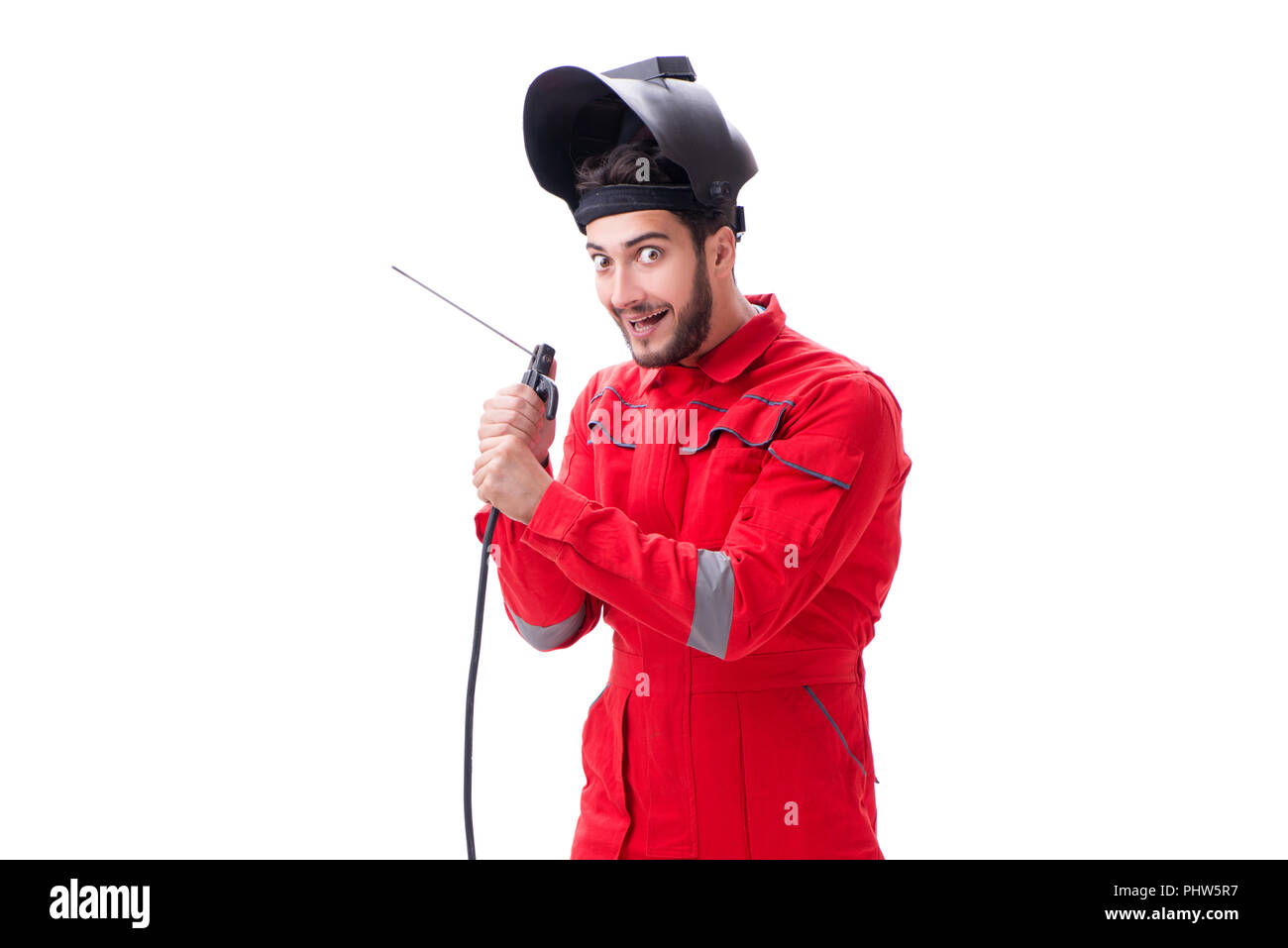 Funny welder isolated on white background Stock Photo - Alamy
