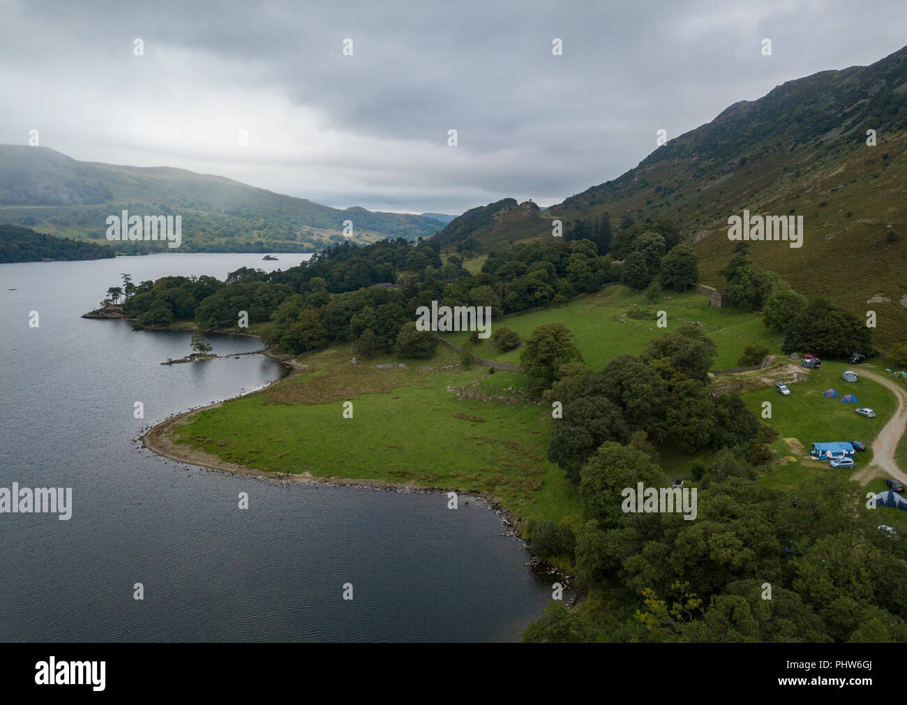 An aerial view of Ullswater in the Lake District, Cumbria showing the ...