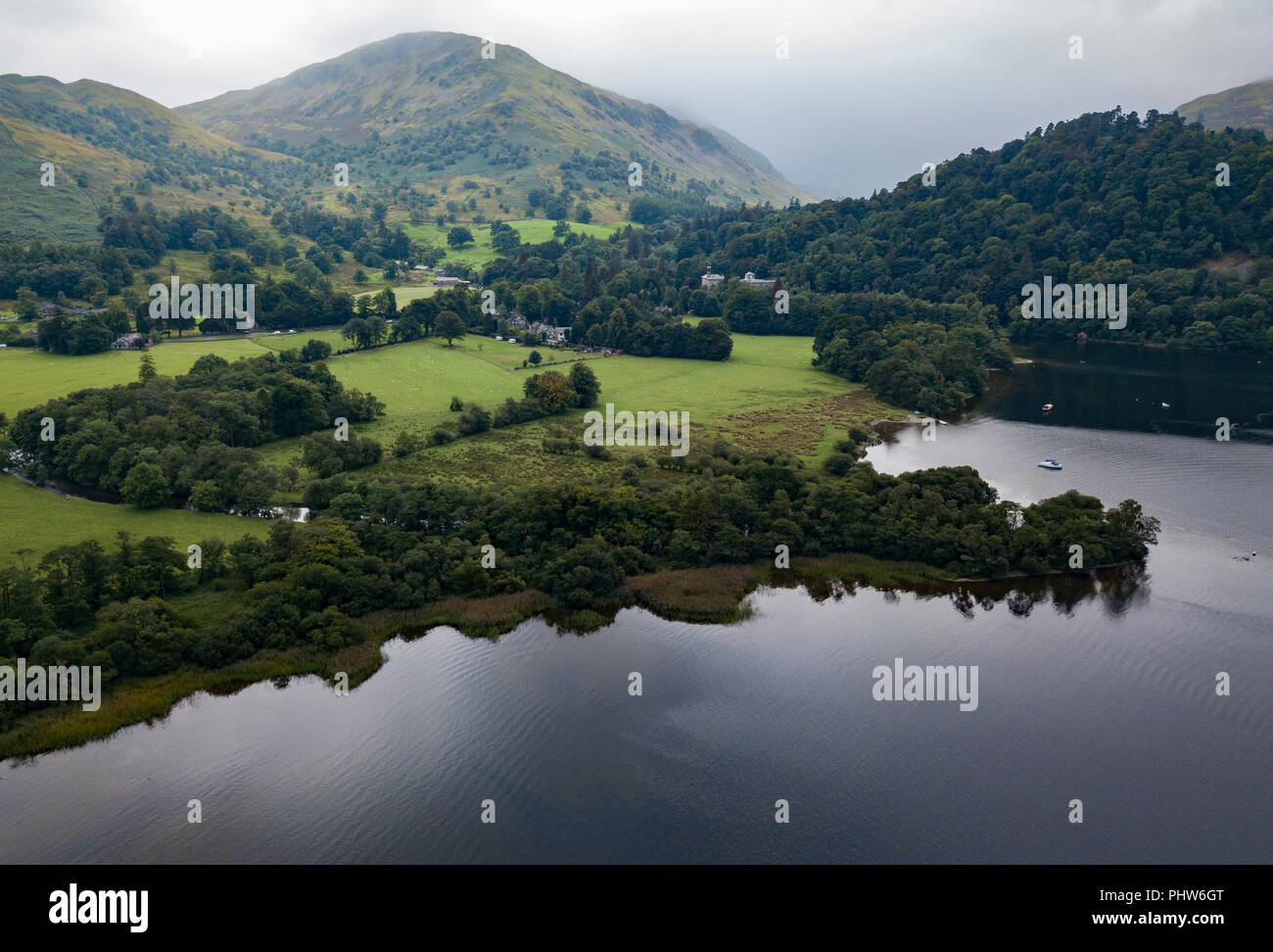 An aerial view of Ullswater in the Lake District, Cumbria showing the ...