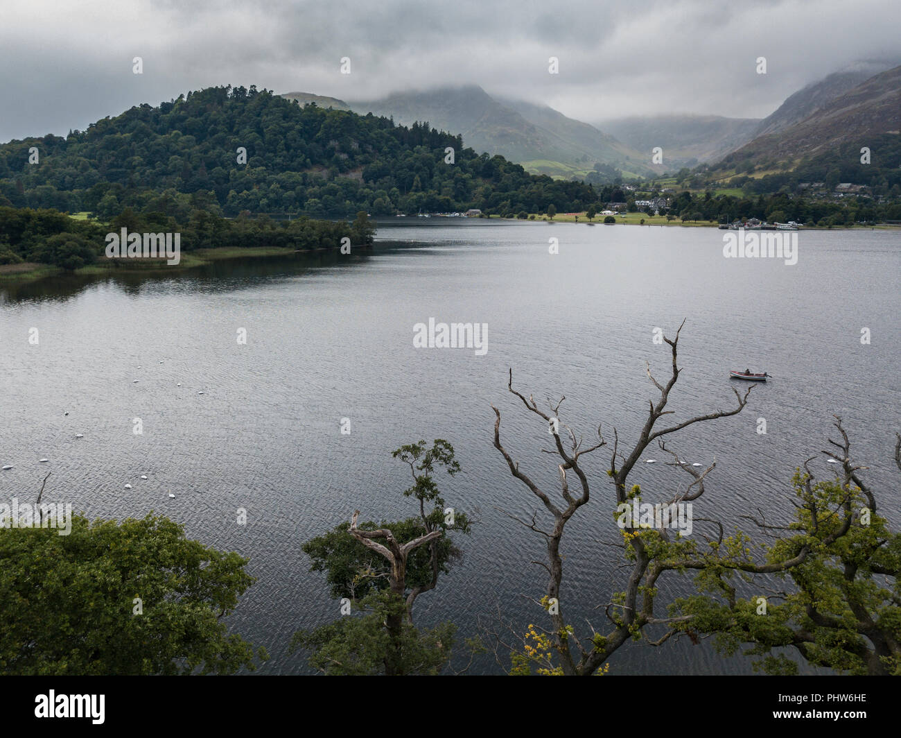 An aerial view of Ullswater in the Lake District, Cumbria showing the ...