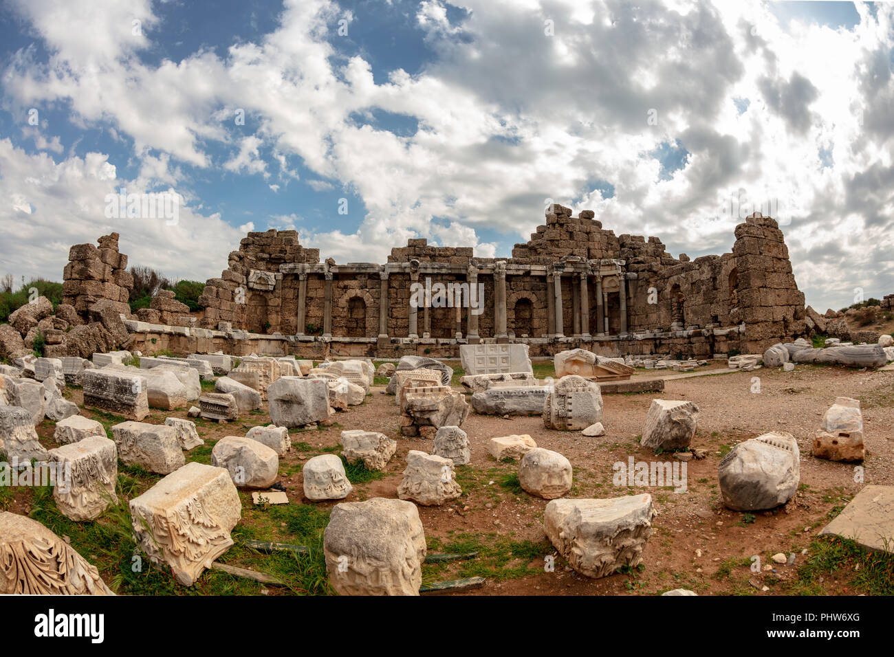 Ancient Side city agora, central hall ruins. Side, Antalya province ...