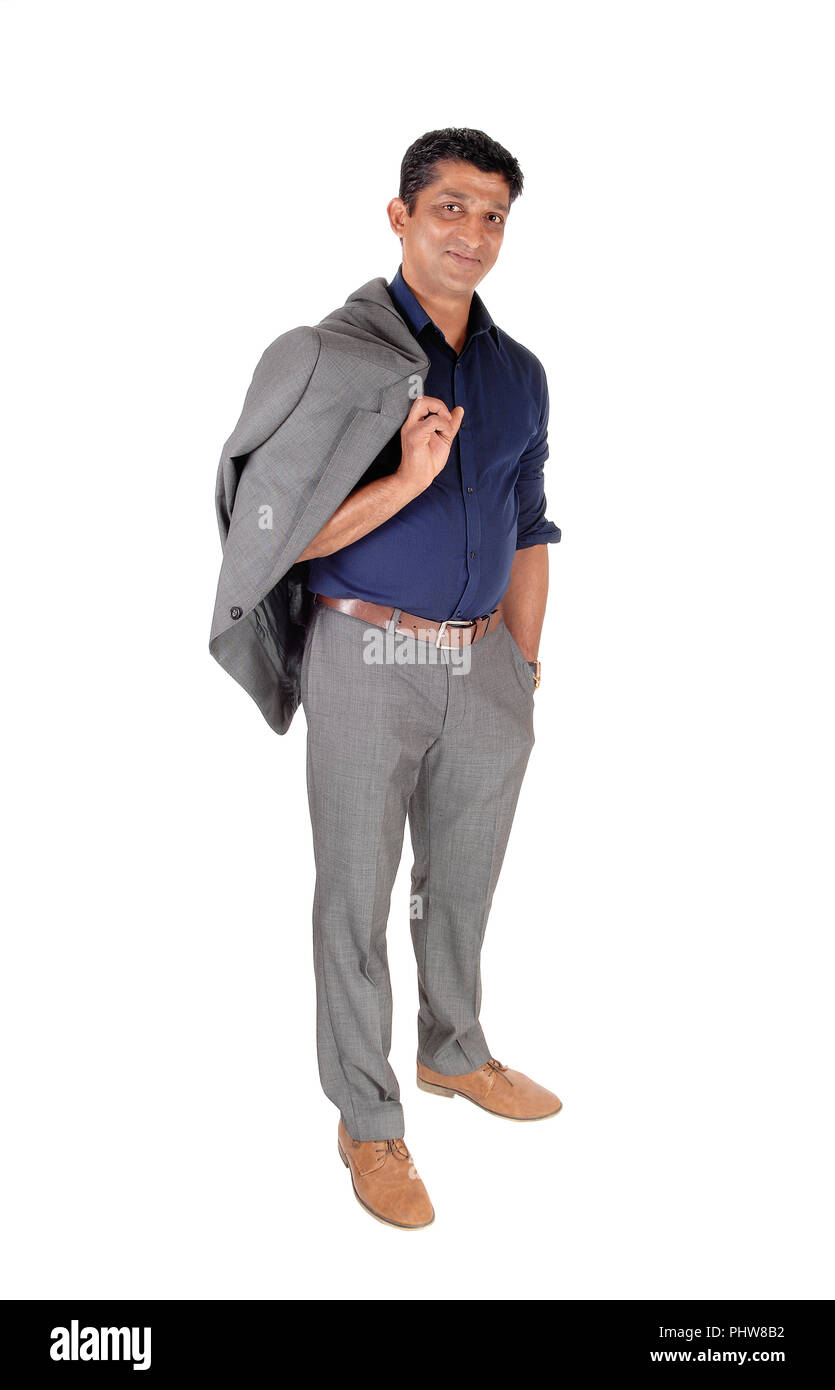 Business man standing with his jacket over shoulder Stock Photo - Alamy