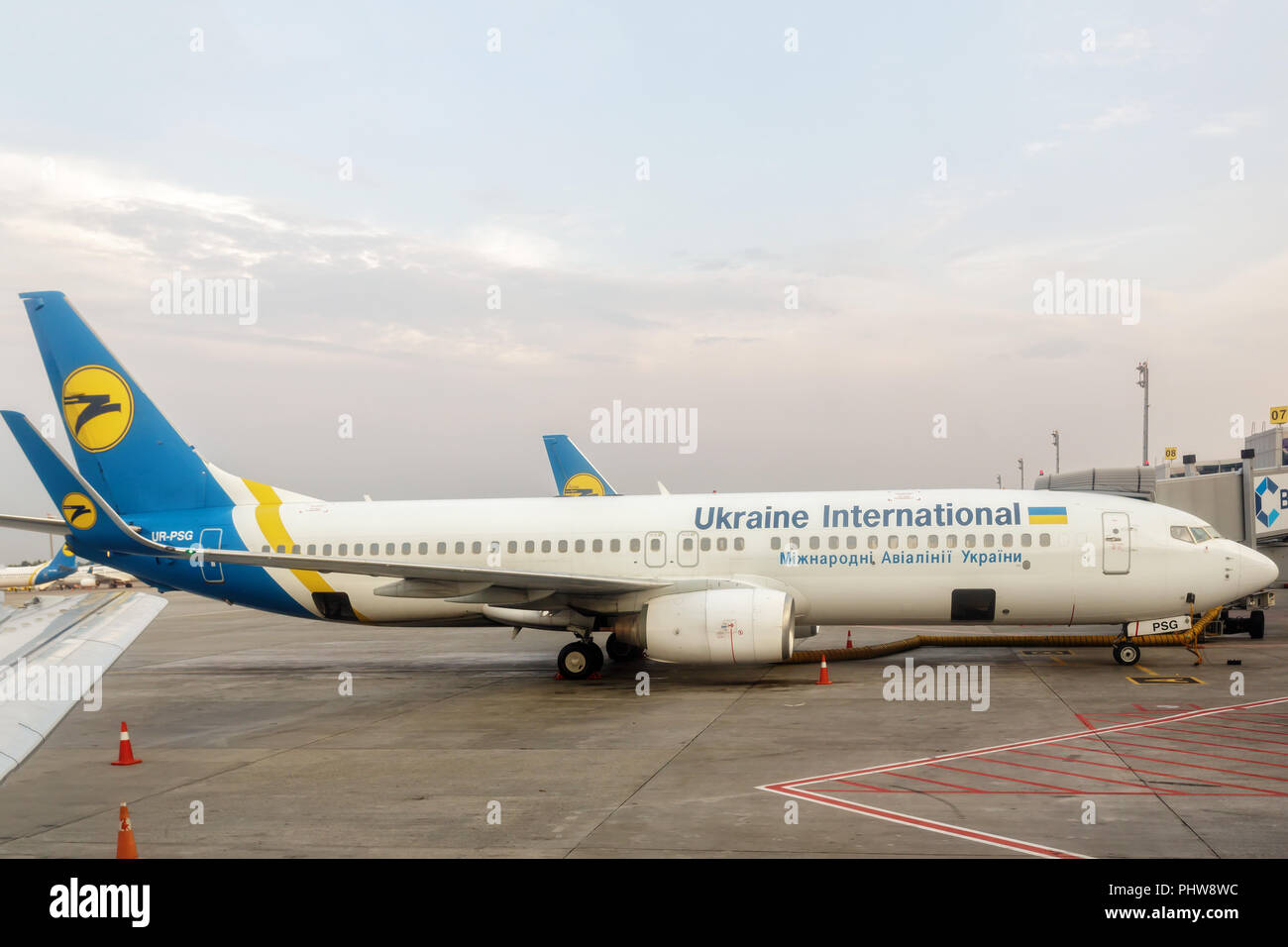 KIEV, UKRAINE - August 22, 2016: In the parking lot at Zhulyany airport ...