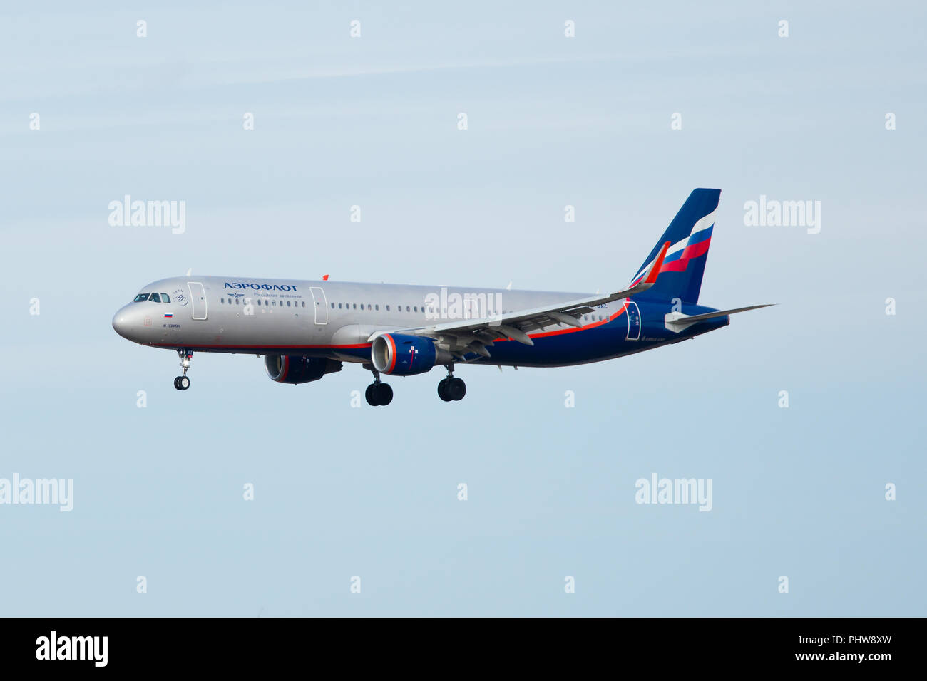 SAINT PETERSBURG, RUSSIA - APRIL 09, 2017: Flying the Airbus A321-211 ...