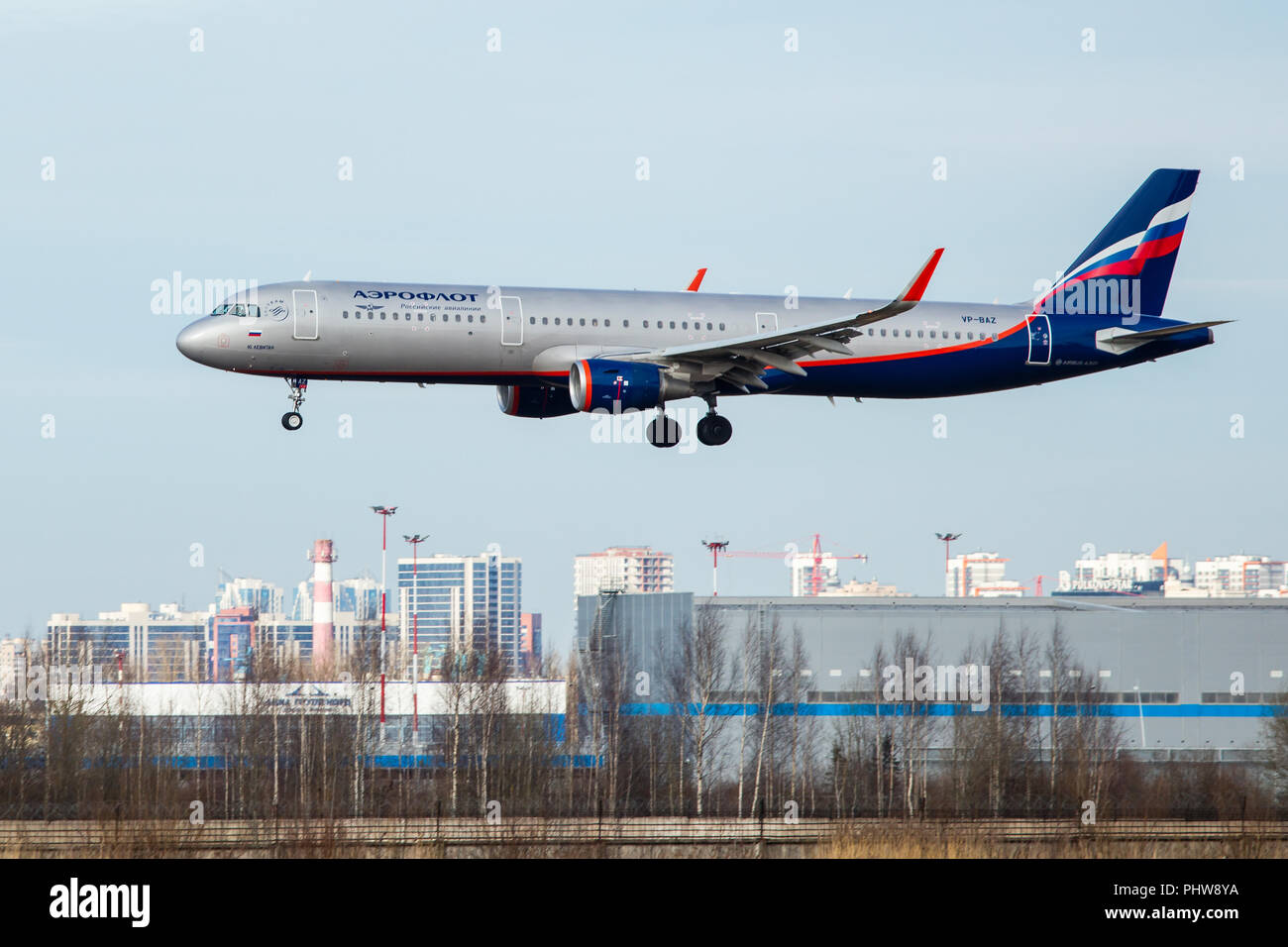 SAINT PETERSBURG, RUSSIA - APRIL 09, 2017: Flying the Airbus A321-211 ...