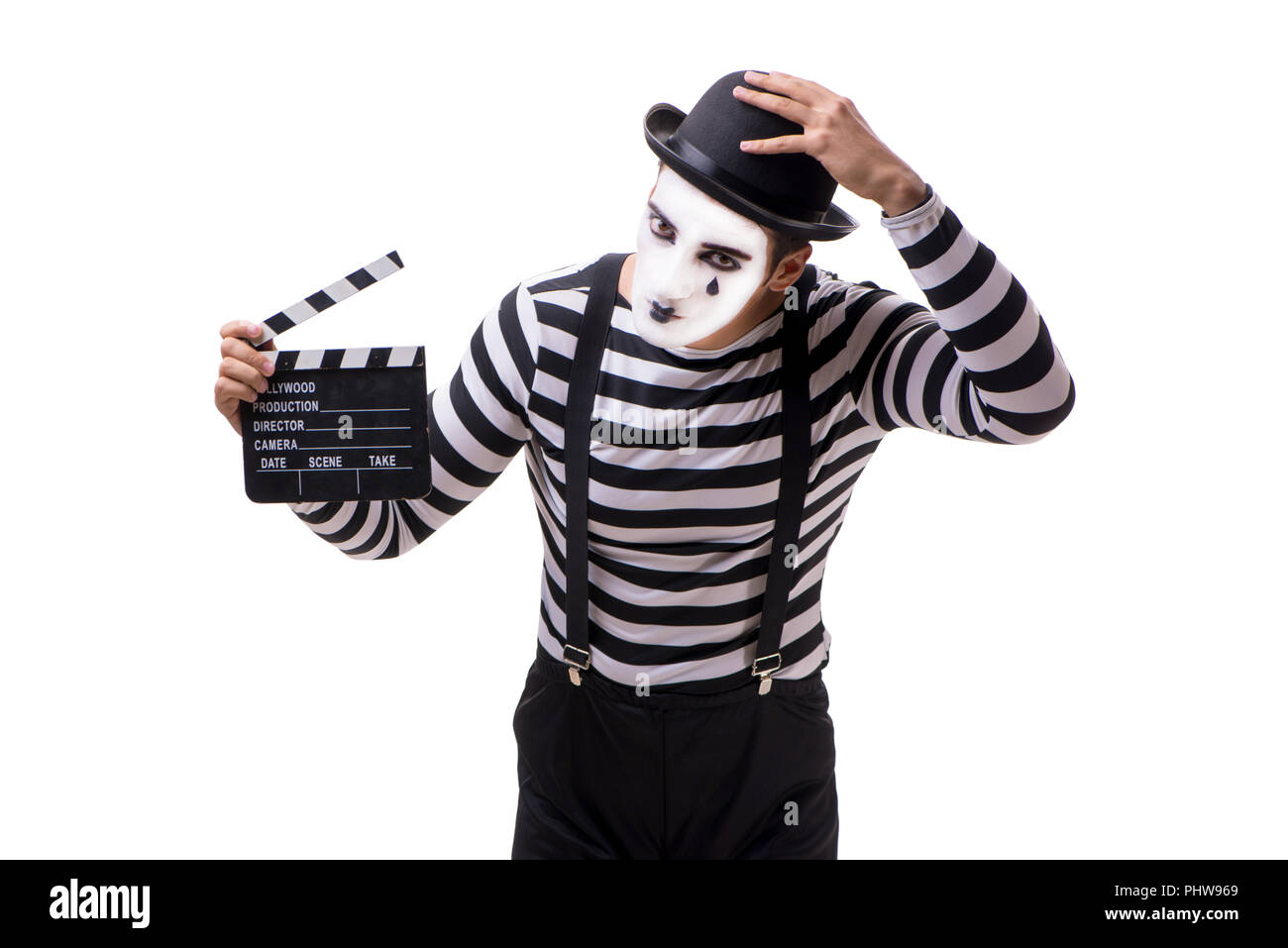 Mime with movie clapperboard isolated on white Stock Photo - Alamy