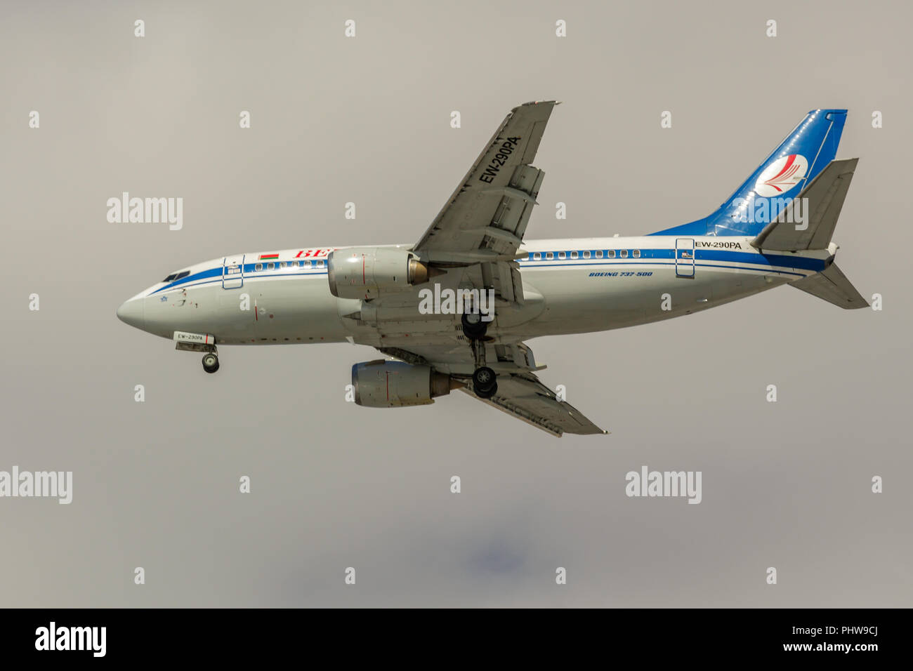 SAINT PETERSBURG, RUSSIA - APRIL 19, 2017: Flying the Boeing 737-5Q8 ...
