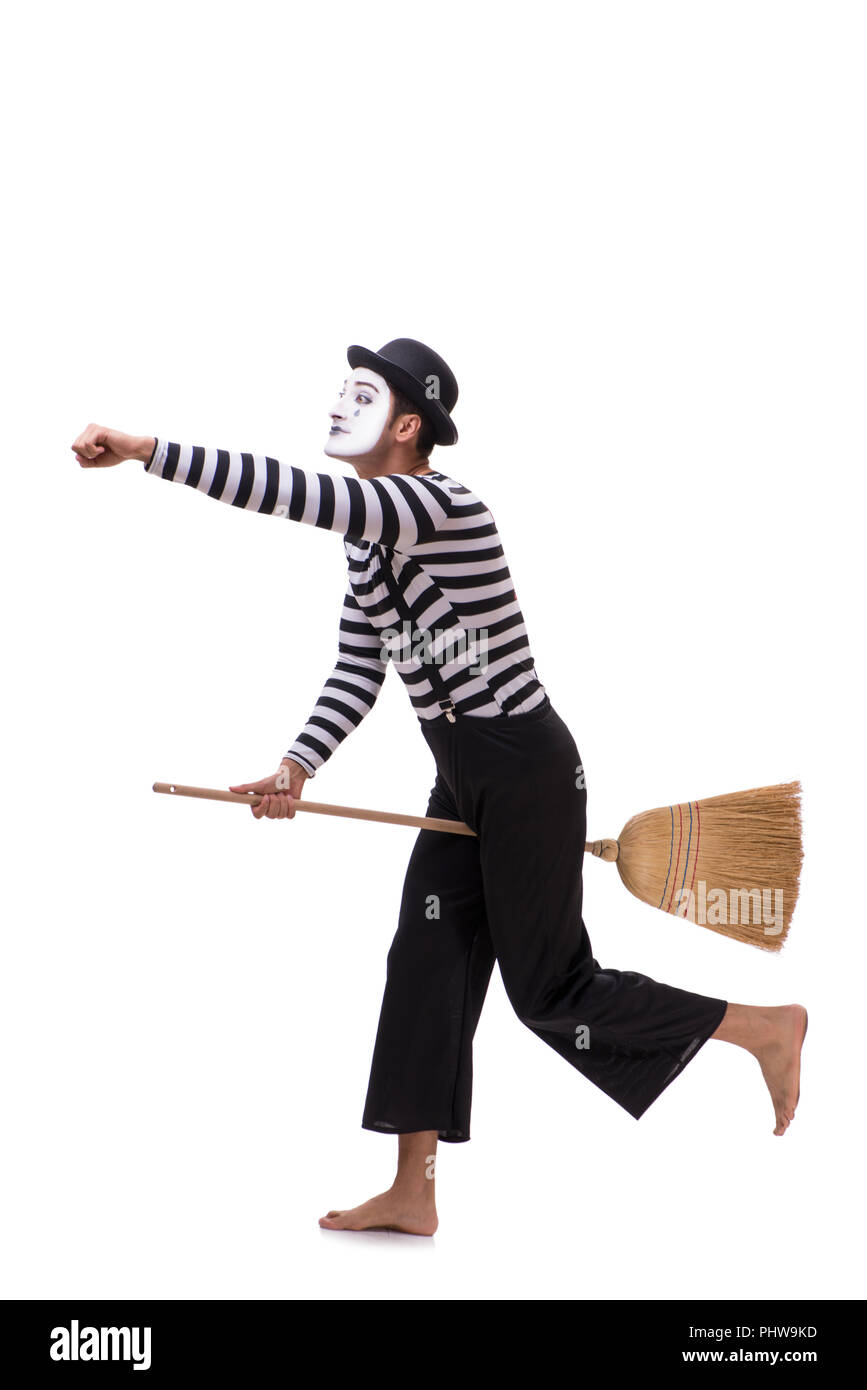Mime with broom isolated on white background Stock Photo - Alamy