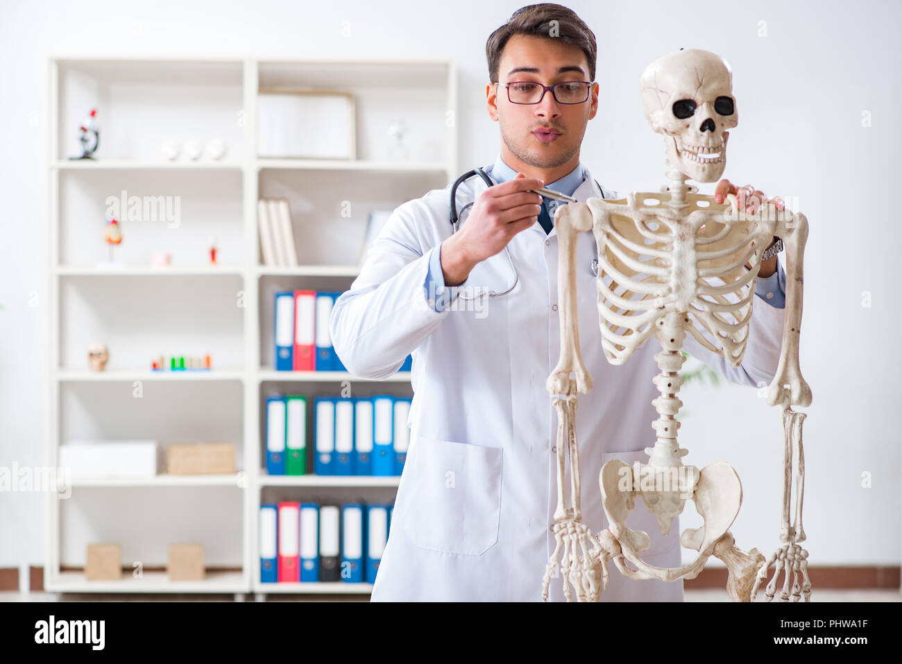 Yong male doctor with skeleton isolated on white Stock Photo - Alamy