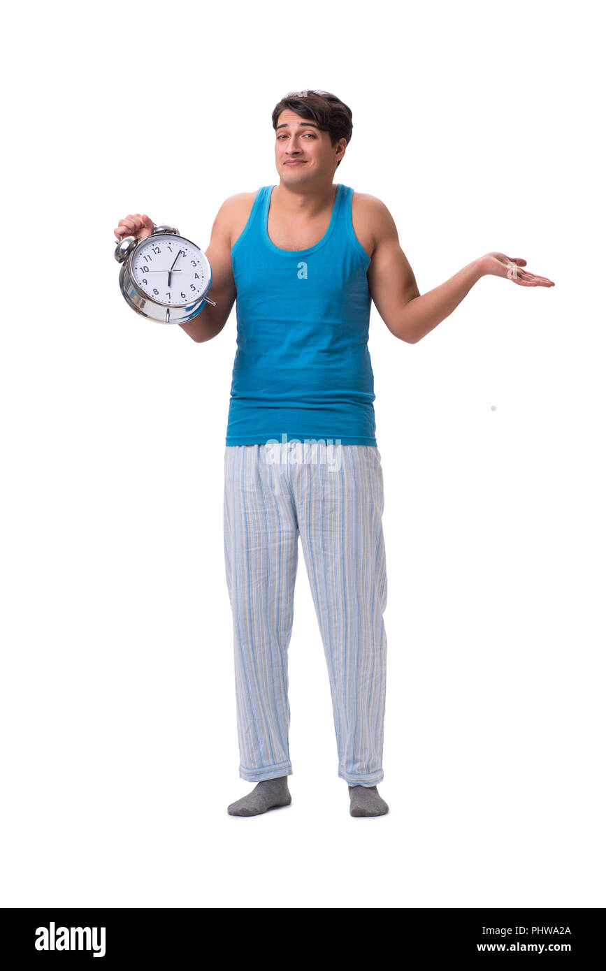 Man waking up with alarm clock isolated on white Stock Photo - Alamy