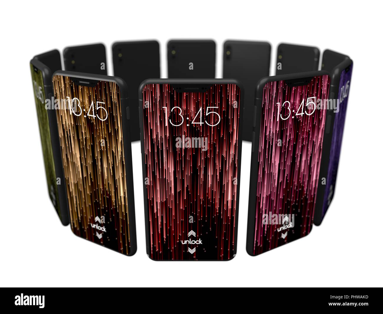 circulary sorted modern smartphones. 3d illustration of brandless phone ...