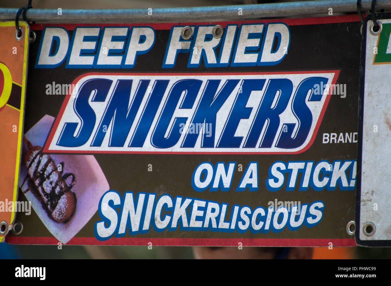 Sign for deep fried Snickers on a Stick at the Matthews Alive street ...