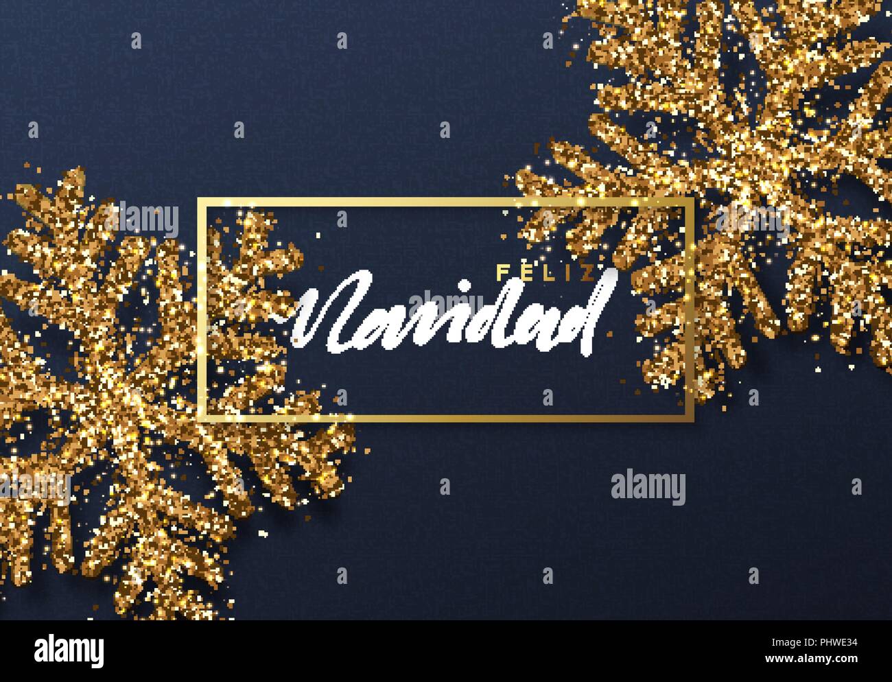 Christmas background with Shining gold Snowflakes. Spanish text Feliz ...
