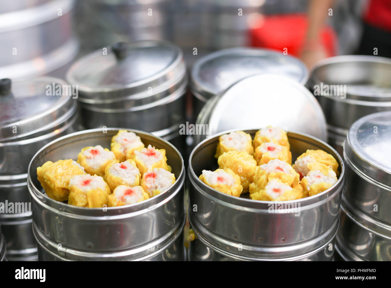 Chinese dumplings in steam bamboo basket Stock Photo - Alamy