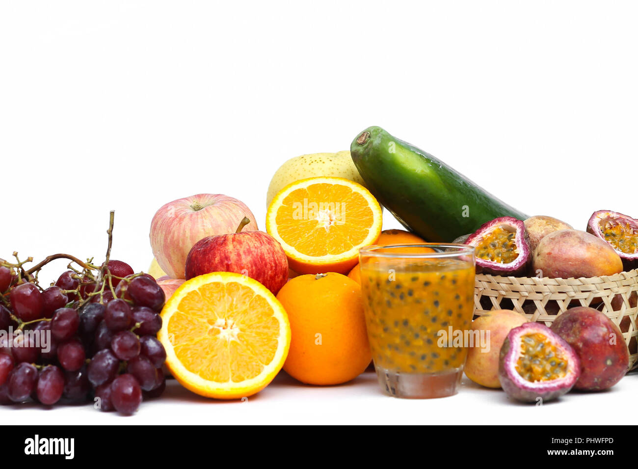 Selected focus Group of fruits and vegetables isolated on a white ...