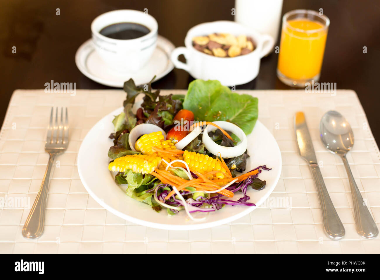 Set of Healthy vegetable salad with coffee and juice Stock Photo - Alamy