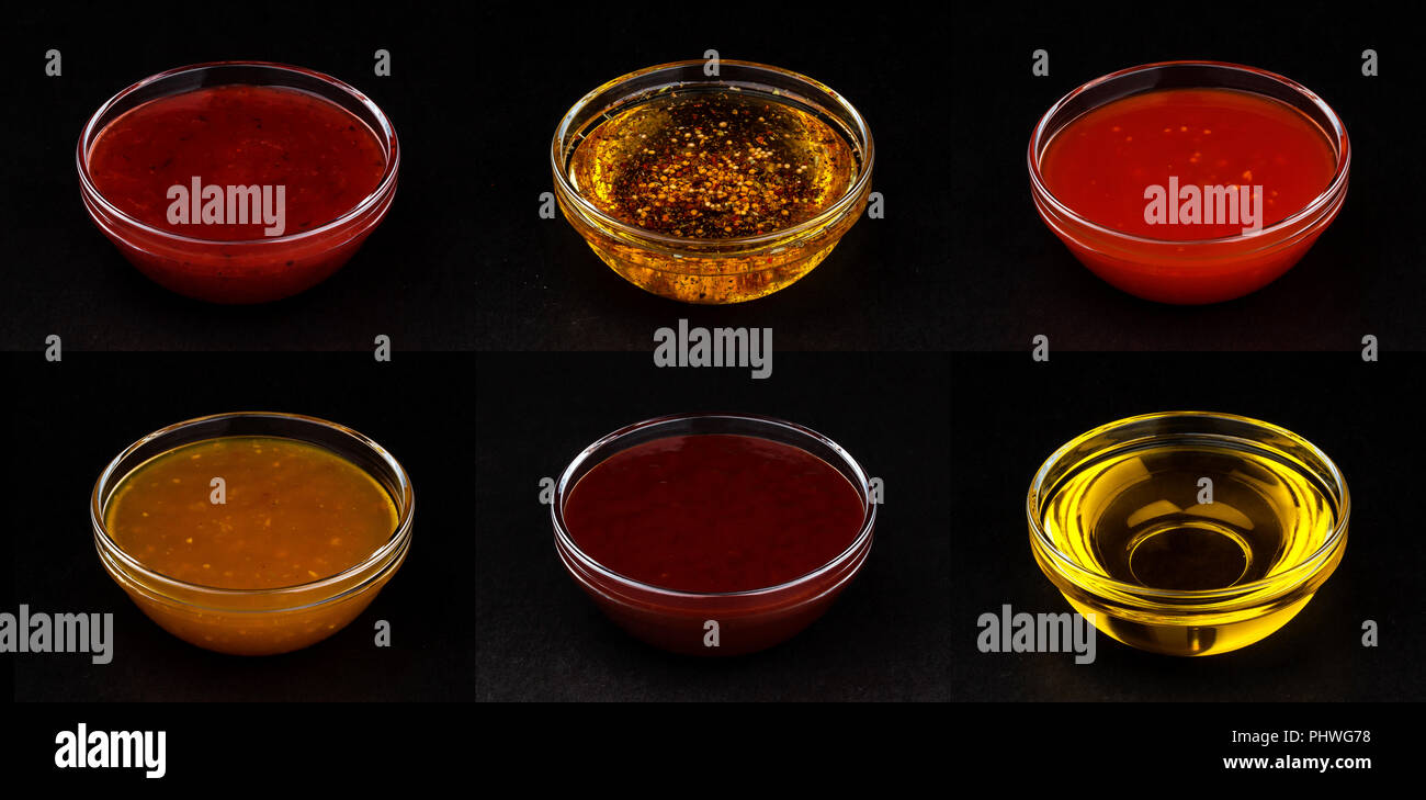 Set of different sauces isolated on black background Stock Photo - Alamy