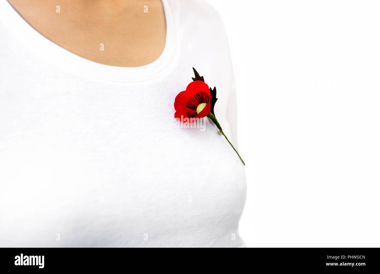 Red poppy lapel pin on woman T- Shirt Stock Photo - Alamy