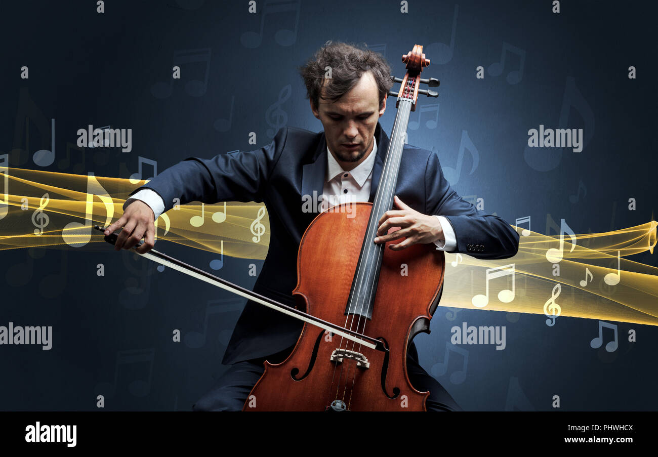 Young male musician playing on his cello with musical notes around ...