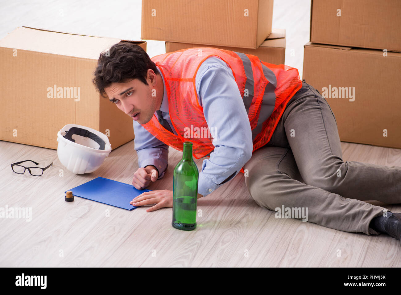 Delivery man drunk at work Stock Photo - Alamy