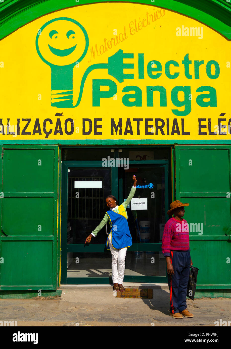 Electrical shop in an old portuguese colonial building, Namibe Province ...