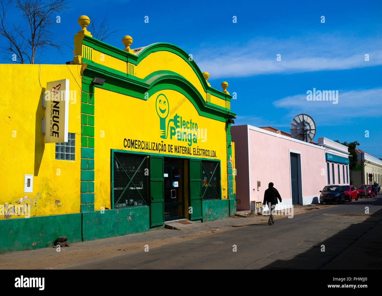 Electrical shop in an old portuguese colonial building, Namibe Province ...