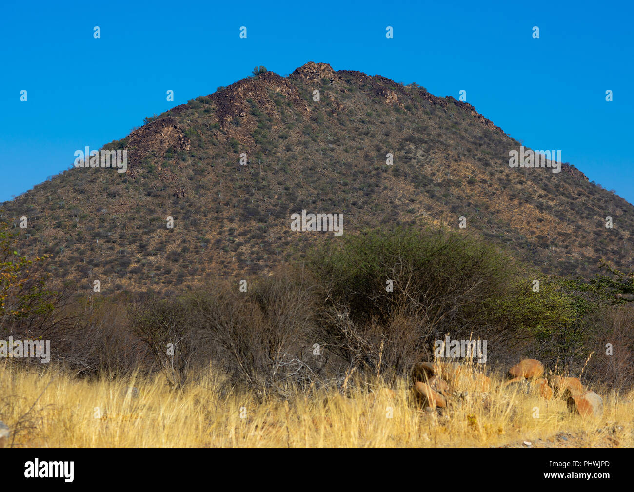 Rock formations with accacias, Namibe Province, Virei, Angola Stock ...