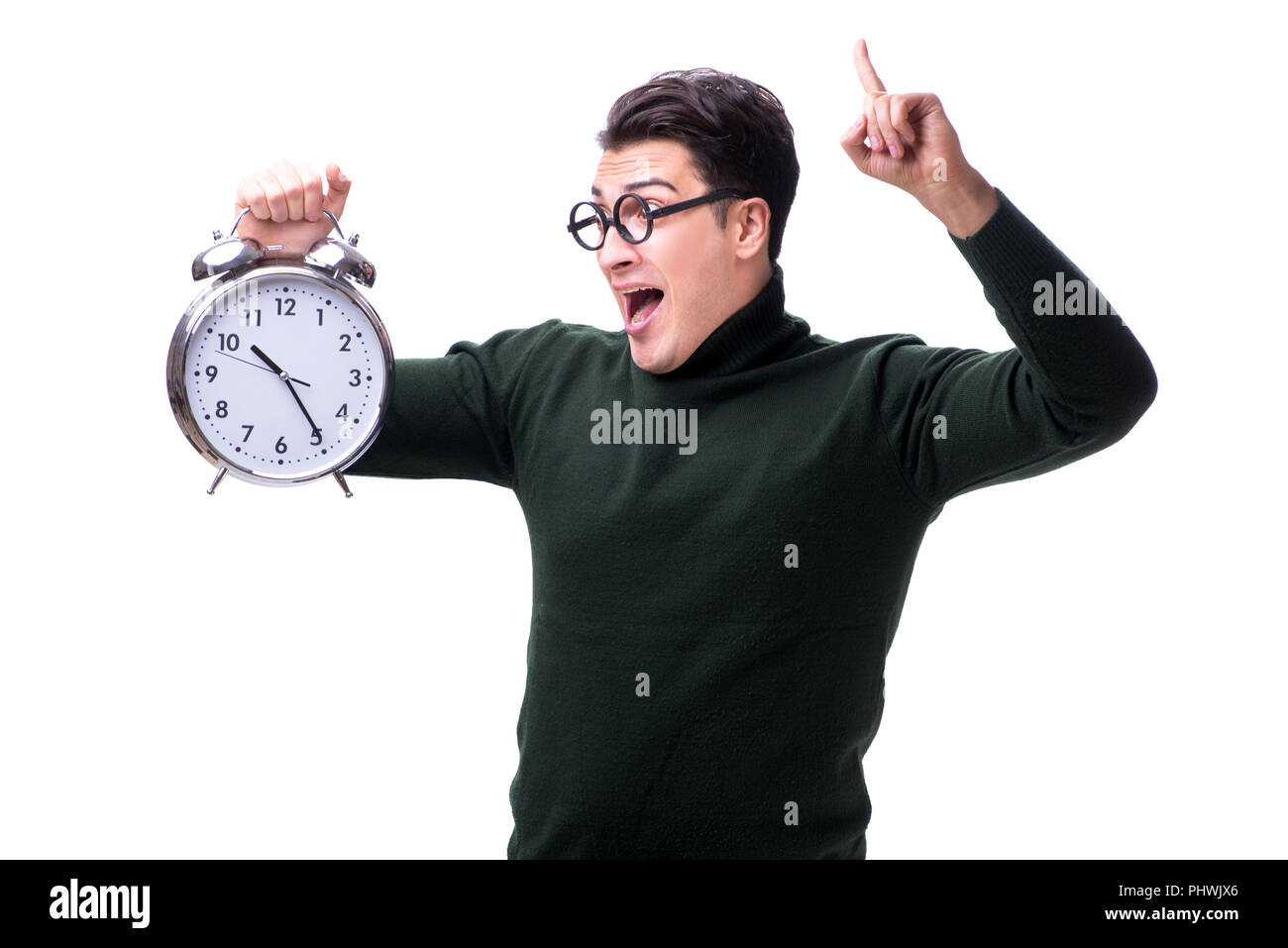 Nerd young money with giant clock isolated on white Stock Photo - Alamy