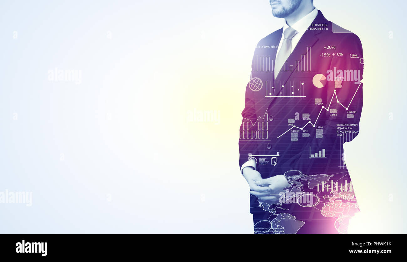 Leader man standing and thinking with graphs, charts, diagrams on the ...