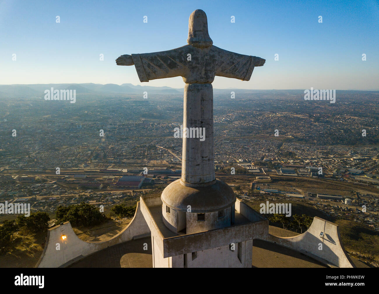 Aerial view of the Cristo Rei overlooking the city, Huila Province ...