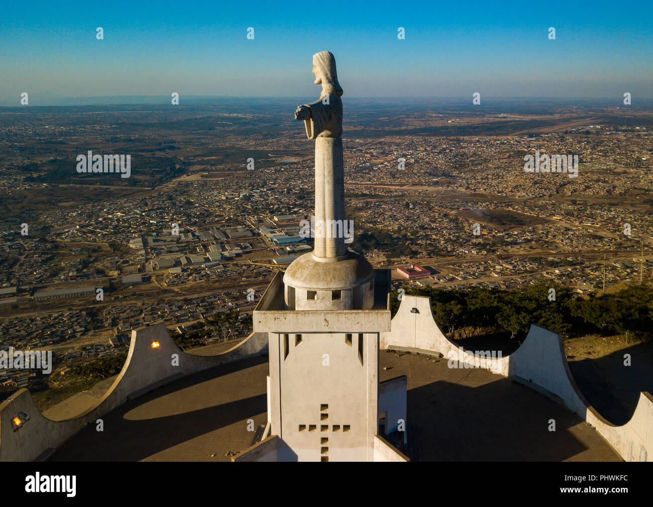 Aerial view of the Cristo Rei overlooking the city, Huila Province ...