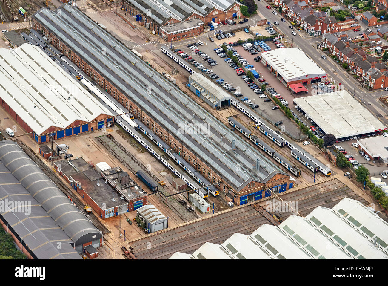 An aerial view of Wolverton Railway works, Milton Keynes, South East ...