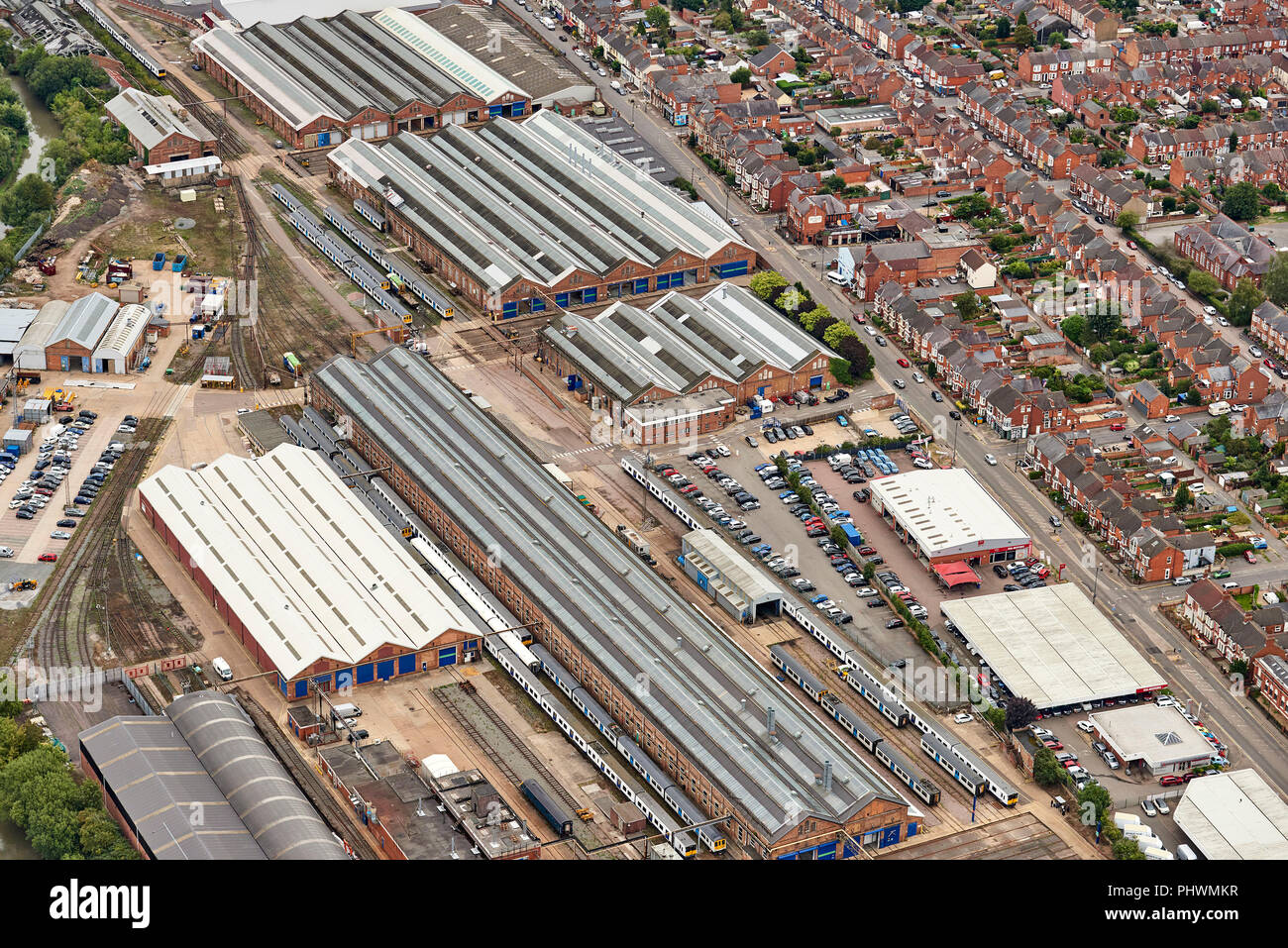 An aerial view of Wolverton Railway works, Milton Keynes, South East ...